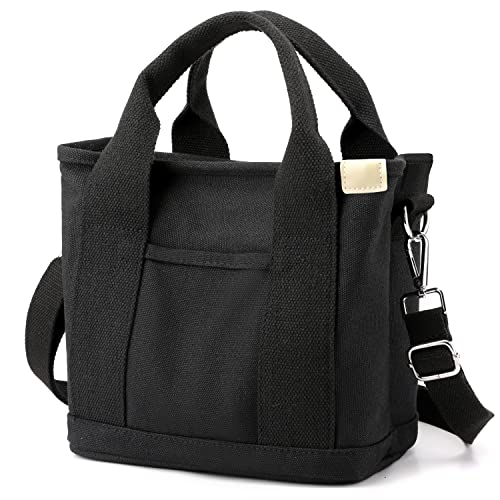 Small Cute Canvas Tote Crossbody Shoulder Bag W/Multiple Pockets Mini Casual Satchel Hobo Handbag Messenger Purse for Women(Black#820)