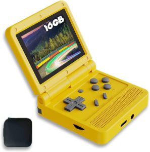 v90 retro clamshell game console 3 inch ips screen open system handheld game console built-in rechargeable battery portable style handheld gaming video console system with case (yellow, 64g)