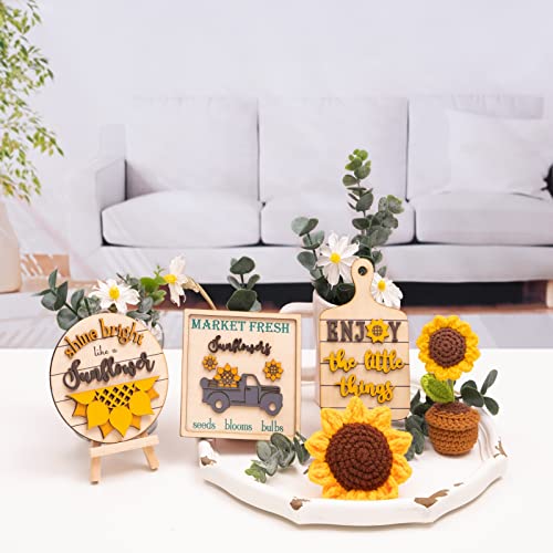 Sunflower Decor | Sunflower Gifts for Women | Farmhouse Sunflower Kitchen Tiered Tray Decor | Spring Decorations for Home | Sunflower Wooden Signs | Handmade Crochet