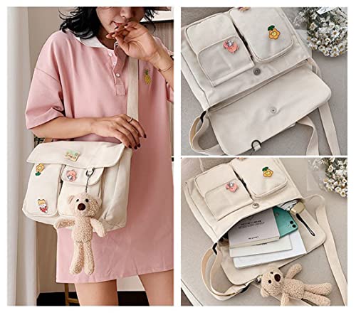 Tote Bag for Women Canvas Hobo Bag Cute Messenger Bag Shoulder Bag Large Kwaii Crossbody Bag with Pins and Pendant