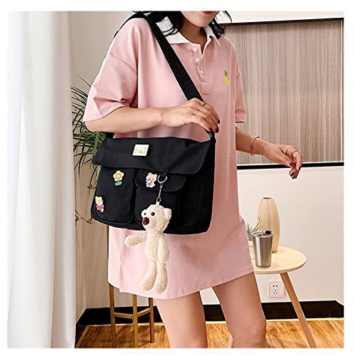 Tote Bag for Women Canvas Hobo Bag Cute Messenger Bag Shoulder Bag Large Kwaii Crossbody Bag with Pins and Pendant