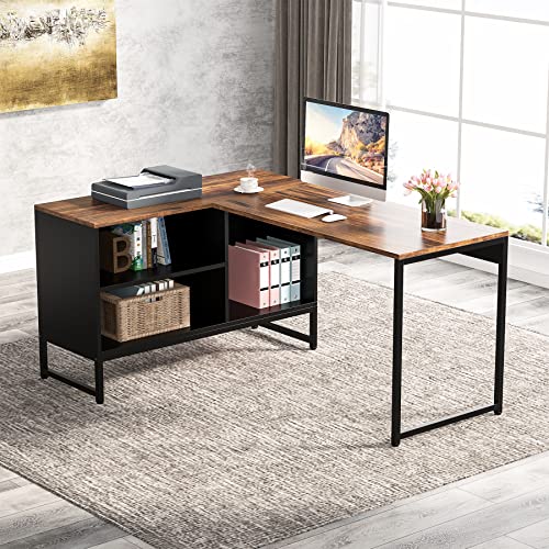 Tribesigns L Shaped Desk with Storage Cabinet, 59 inch Large L-Shaped Office Desks, PC Desks with Heavy-Duty Metal Frame Rustic Brown Black