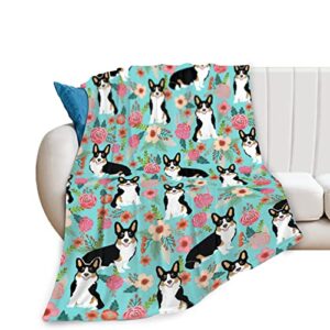 Corgi Flowers Blanket Soft Fleece Throw Blanket Cozy Fuzzy Warm Flannel Blankets for Women Men for Couch Bed Sofa All Season Gift (Green, 50"x40")