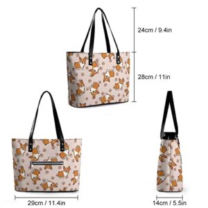 Womens Handbag Corgis Dog Pattern Leather Tote Bag Top Handle Satchel Bags For Lady