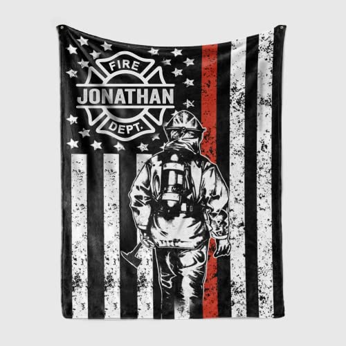 IZI POD Custom Firefighter Blanket, Personalized Red Thin Line Blanket, Custom Name Number Patriot Pride US Flag, Firemans Lover Gift