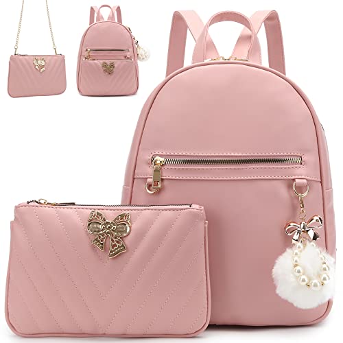 I IHAYNER Women Backpack Purse Mini Backpack for Girls 2 PCS Designer Chain Shoulder Bag PU Leather Travel bag with Detachable Handbags Pink