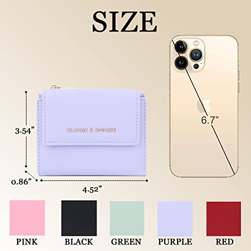 Sunwel Fashion Small Wallet Flapover Bifold Wallet Zipper Pocket Cash Card ID Window Coin Purse for Women Girls (PURPLE)