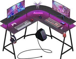 superjare l shaped gaming desk with power outlets & led lights, carbon fiber surface, computer desk with monitor stand, home office desk corner desk with cup holder & hooks, black