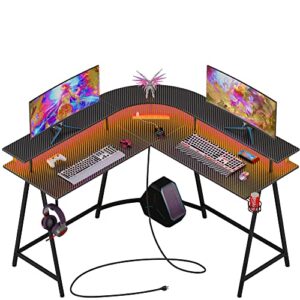 SUPERJARE L Shaped Gaming Desk with Power Outlets & LED Lights, Carbon Fiber Surface, Computer Desk with Monitor Stand, Home Office Desk Corner Desk with Cup Holder & Hooks, Black