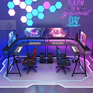 SUPERJARE L Shaped Gaming Desk with Power Outlets & LED Lights, Carbon Fiber Surface, Computer Desk with Monitor Stand, Home Office Desk Corner Desk with Cup Holder & Hooks, Black