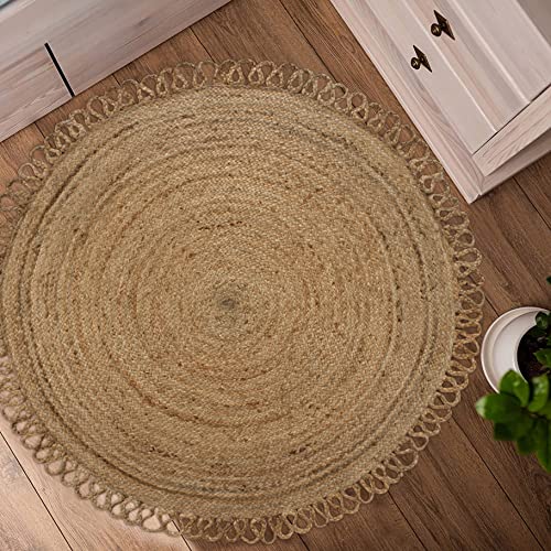 MORE Natural Fiber Round Collection 5' x 5' Round Natural Handmade Boho Braided Jute Area Rug