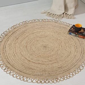 MORE Natural Fiber Round Collection 5' x 5' Round Natural Handmade Boho Braided Jute Area Rug