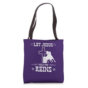 barrel racing jesus hold reins, christian rodeo barrel racer tote bag