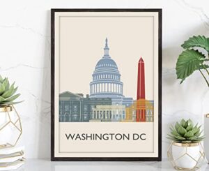 washington dc illustration poster, washington dc skyline poster cityscape and landmark print, washington dc illustration home wall art, office wall decor – 18×24