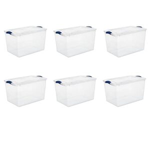 66 qt. plastic storage bin organizing container with durable lid, stackable and nestable snap lid plastic storage tote bin, 6 pack, clear with gray buckle