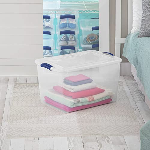 66 Qt. Plastic Storage Bin Organizing Container With Durable Lid, Stackable and Nestable Snap Lid Plastic Storage Tote Bin, 6 Pack, Clear With Gray Buckle