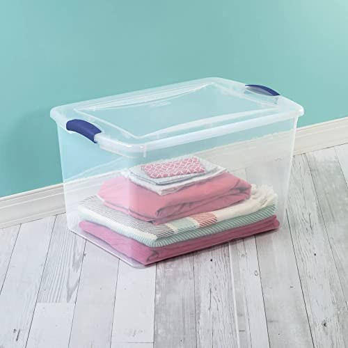 66 Qt. Plastic Storage Bin Organizing Container With Durable Lid, Stackable and Nestable Snap Lid Plastic Storage Tote Bin, 6 Pack, Clear With Gray Buckle