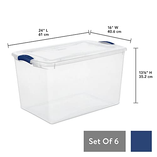 66 Qt. Plastic Storage Bin Organizing Container With Durable Lid, Stackable and Nestable Snap Lid Plastic Storage Tote Bin, 6 Pack, Clear With Gray Buckle