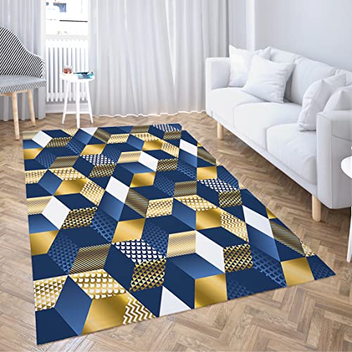 Caarenp Non-Slip Area Rugs Geometric Blue Gold Cubes Luxury Pattern Hexagons Abstract Textured Shapes Repeatable Home Decor Rugs Carpet For Classroom Living Room Bedroom Dining Kindergarten Room 5'X7'