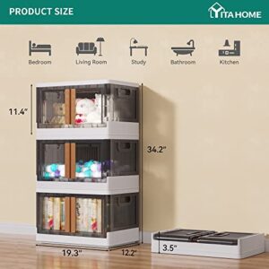 YITAHOME Storage Cabinet, Foldable Storage Bins with Clear Double Door, 8.4 Gal Storage Containers Stackable Storage Box for Groceries, Toys, Books (3 Packs, White)