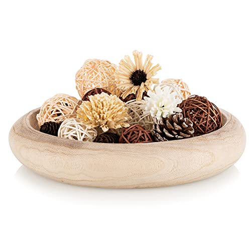 Hanobe Decorative Dough Wood Bowl: Round Paulownia Wooden Bowls for Decor Rustic Centerpiece Bowl for Coffee Table, Natural