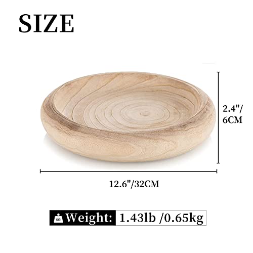 Hanobe Decorative Dough Wood Bowl: Round Paulownia Wooden Bowls for Decor Rustic Centerpiece Bowl for Coffee Table, Natural