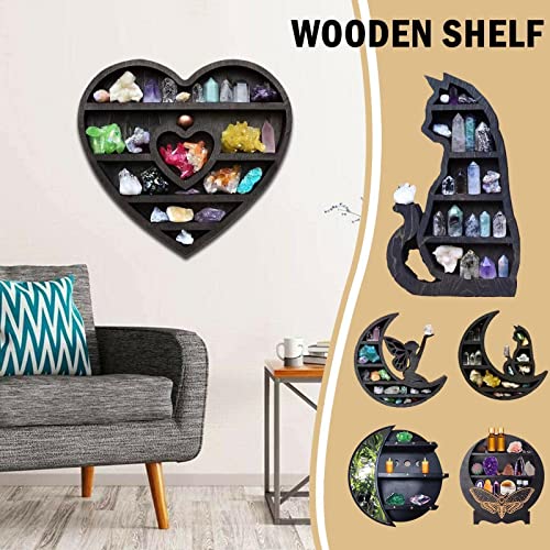 Cat On The Moon Crystal Wood Shelf, Wooden Crystal Display Shelf, Moon Cat Wooden Floating Shelf Gothic Witchy Room Decoration, Multi Color