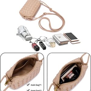 Woven Crossbody Bags for Women，Fashion Leather Lightweight Handbags Shoulder Bag Phone Wallet Purse Stylish Ladies Messenger Bags，Apricot