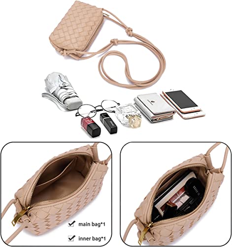 Woven Crossbody Bags for Women，Fashion Leather Lightweight Handbags Shoulder Bag Phone Wallet Purse Stylish Ladies Messenger Bags，Apricot