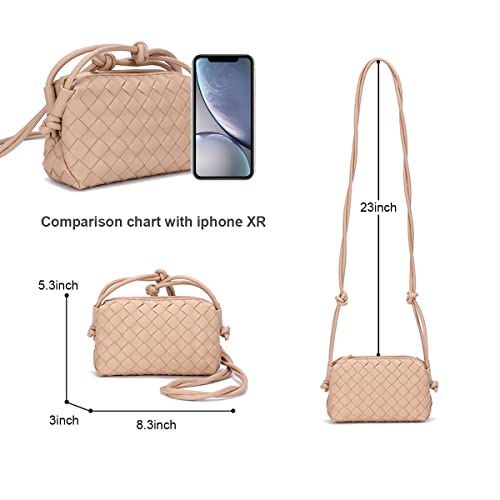 Woven Crossbody Bags for Women，Fashion Leather Lightweight Handbags Shoulder Bag Phone Wallet Purse Stylish Ladies Messenger Bags，Apricot