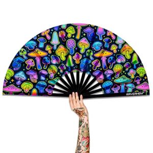 raveahem uv glow large rave bamboo folding clack hand fan for men/women handheld fan for edm, music festival,club,freaky,event,party,dance,performance,decoration, gift (magic mushrooms)