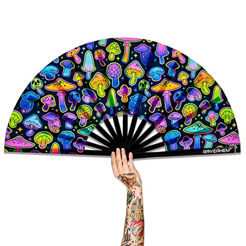 Raveahem UV Glow Large Rave Bamboo Folding Clack Hand Fan for Men/Women Handheld Fan for EDM, Music Festival,Club,Freaky,Event,Party,Dance,Performance,Decoration, Gift (Magic Mushrooms)