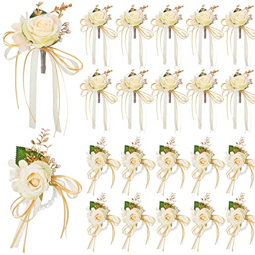 20 Pcs Rose Wrist Corsage and Boutonniere Set Flower Wrist Corsage Wristlet Band Bracelet Bridegroom Men's Boutonniere Wedding Wristlet Hand Flower for Prom Party Bouquets Accessories (Champagne)