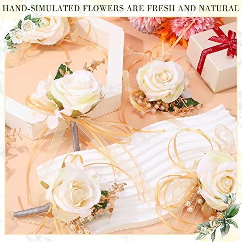 20 Pcs Rose Wrist Corsage and Boutonniere Set Flower Wrist Corsage Wristlet Band Bracelet Bridegroom Men's Boutonniere Wedding Wristlet Hand Flower for Prom Party Bouquets Accessories (Champagne)