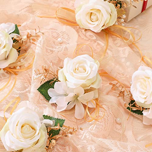 20 Pcs Rose Wrist Corsage and Boutonniere Set Flower Wrist Corsage Wristlet Band Bracelet Bridegroom Men's Boutonniere Wedding Wristlet Hand Flower for Prom Party Bouquets Accessories (Champagne)