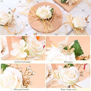 20 Pcs Rose Wrist Corsage and Boutonniere Set Flower Wrist Corsage Wristlet Band Bracelet Bridegroom Men's Boutonniere Wedding Wristlet Hand Flower for Prom Party Bouquets Accessories (Champagne)