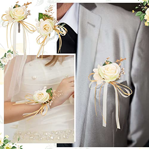 20 Pcs Rose Wrist Corsage and Boutonniere Set Flower Wrist Corsage Wristlet Band Bracelet Bridegroom Men's Boutonniere Wedding Wristlet Hand Flower for Prom Party Bouquets Accessories (Champagne)