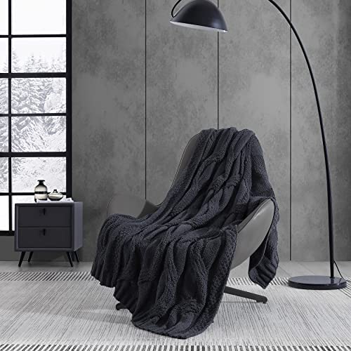 Vera Wang Throw Blanket Ultra Soft Chenille Home Décor, All Season Designer Bedding, 50 x 70, Large Cable Knit Black