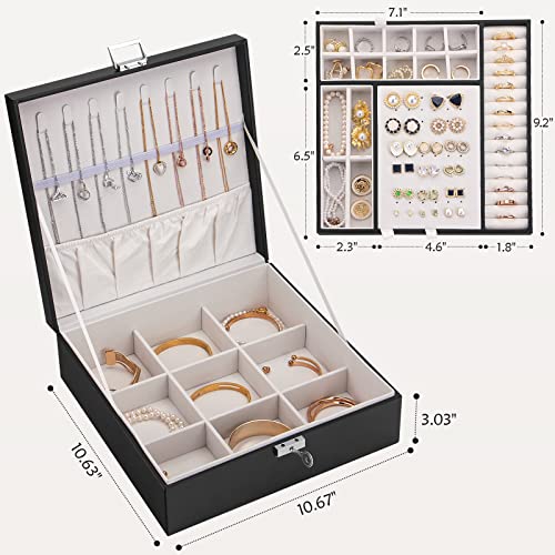 Jewelry Box for Women, 2 Layers Jewelry Organizer with Lock, Large Jewelry Boxes Jewelry Case for Storing Earrings Rings Necklaces Bracelets PU Leather & Soft Velvet Lined, Girls Wife Ideal Gift