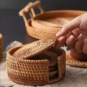 rattan coasters, handmade teacup coasters, creative gift for kitchen table drinks crafts round natural coasters coasters set of 6 with holder (3.94in)