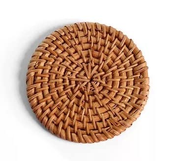 Rattan Coasters, Handmade Teacup Coasters, Creative Gift for Kitchen Table Drinks Crafts Round Natural Coasters Coasters Set of 6 with Holder (3.94in)