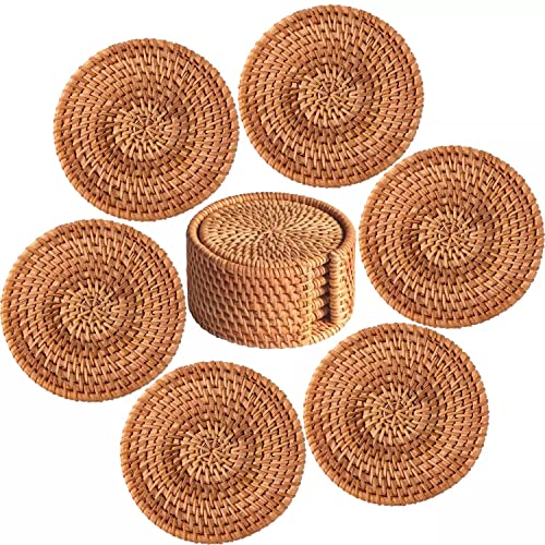 Rattan Coasters, Handmade Teacup Coasters, Creative Gift for Kitchen Table Drinks Crafts Round Natural Coasters Coasters Set of 6 with Holder (3.94in)