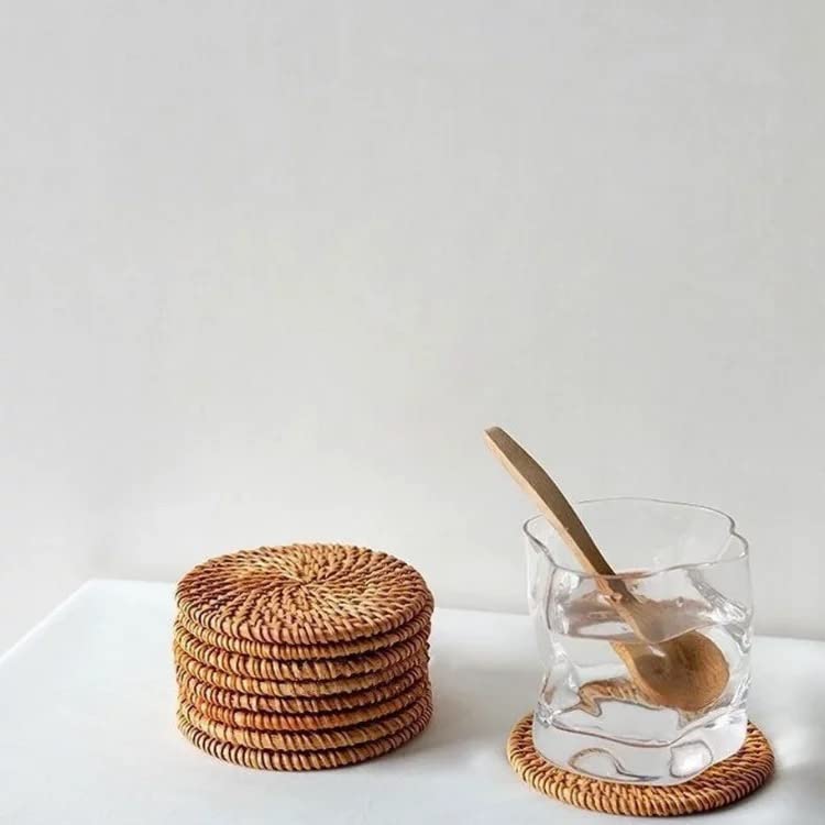 Rattan Coasters, Handmade Teacup Coasters, Creative Gift for Kitchen Table Drinks Crafts Round Natural Coasters Coasters Set of 6 with Holder (3.94in)