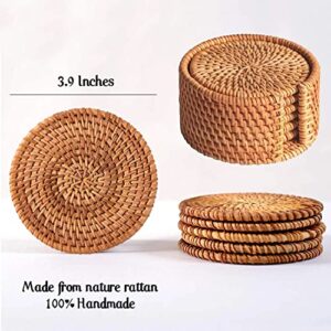 Rattan Coasters, Handmade Teacup Coasters, Creative Gift for Kitchen Table Drinks Crafts Round Natural Coasters Coasters Set of 6 with Holder (3.94in)