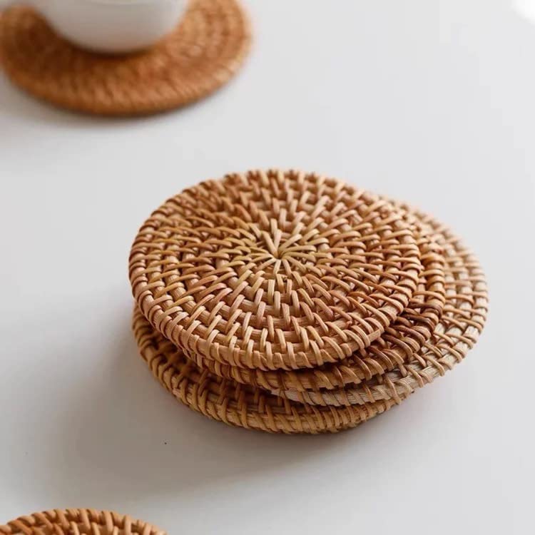 Rattan Coasters, Handmade Teacup Coasters, Creative Gift for Kitchen Table Drinks Crafts Round Natural Coasters Coasters Set of 6 with Holder (3.94in)