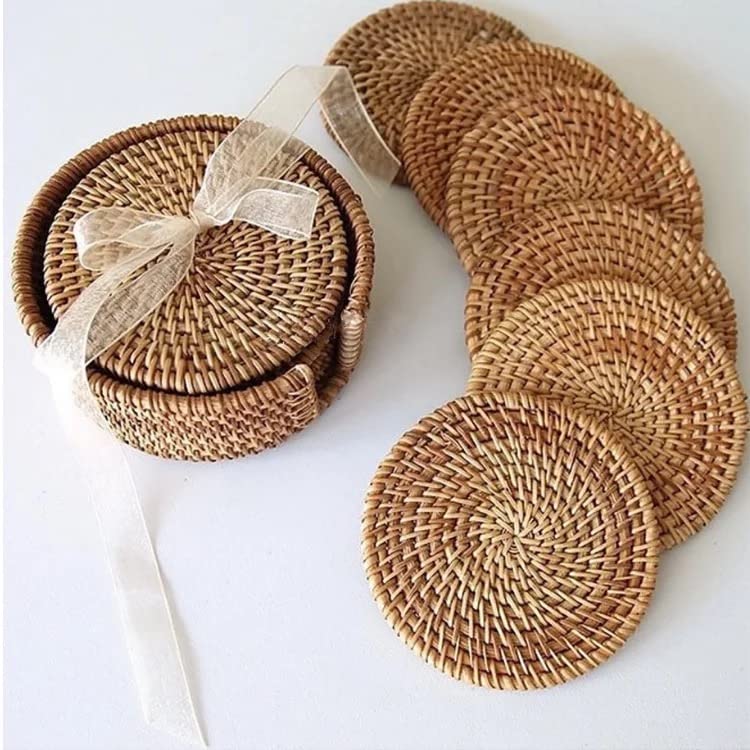 Rattan Coasters, Handmade Teacup Coasters, Creative Gift for Kitchen Table Drinks Crafts Round Natural Coasters Coasters Set of 6 with Holder (3.94in)