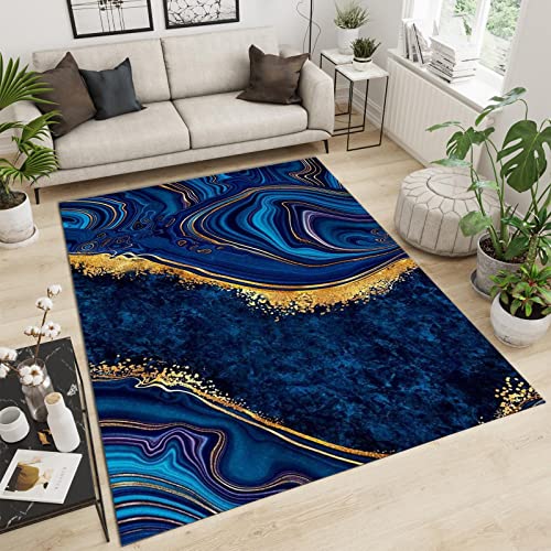 Classic Royal Blue Marble Area Rugs, Luxury Gold Splashed Ink Living Room Rug, Soft Washable Printed Fade Resistant No Crease Rug for Hallway Floor Nursery Bedroom Study Room, 2x3ft