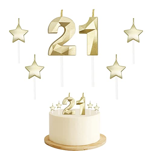 21st & 12th Birthday Candles for Cake - Number 21 & 12 Birthday Candles and Glitter Star Birthday Candles 2 Inch 3D Diamond Shape Number Candles for Birthday Party Anniversary Kids Adults(Gold)