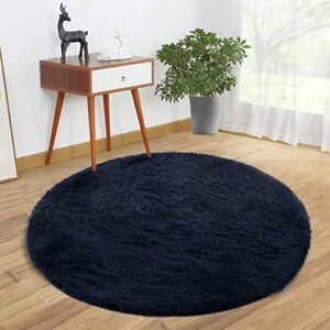 caromio navy fluffy round rug, fluffy faux fur circle rug 4×4 feet for kids room, furry carpet for teen girls room shaggy circular rug for nursery room fuzzy plush rug for dorm