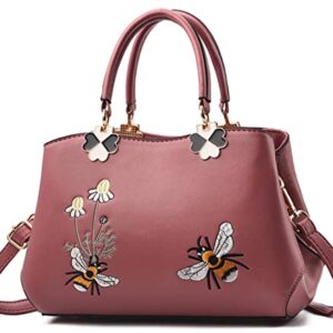 Women's PU Elegant Shoulder Bags Wild Handbags Satchel Embroidery Bee Flower Crossbody Purse (Pink)